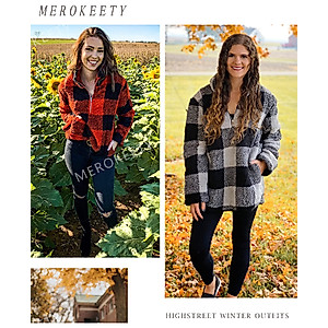 MEROKEETY Women's Plaid Sherpa Fleece Zip Sweatshirt Long Sleeve Pullover Jacket, Black, M