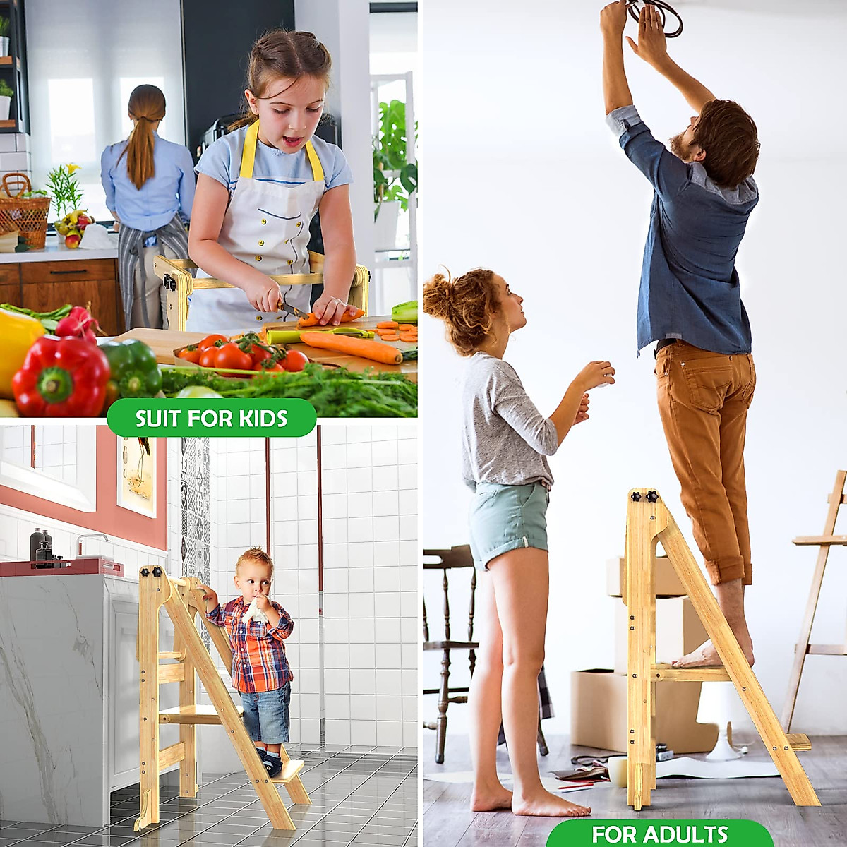 Toddler Tower Foldable - Kids Kitchen Step Stool with 3 Adjustable Heights & Safety Rail, Montessori Tower with Chalkboard for Learning, Standing Tower Helper Stool for Kitchen Counter Sink (Natural)
