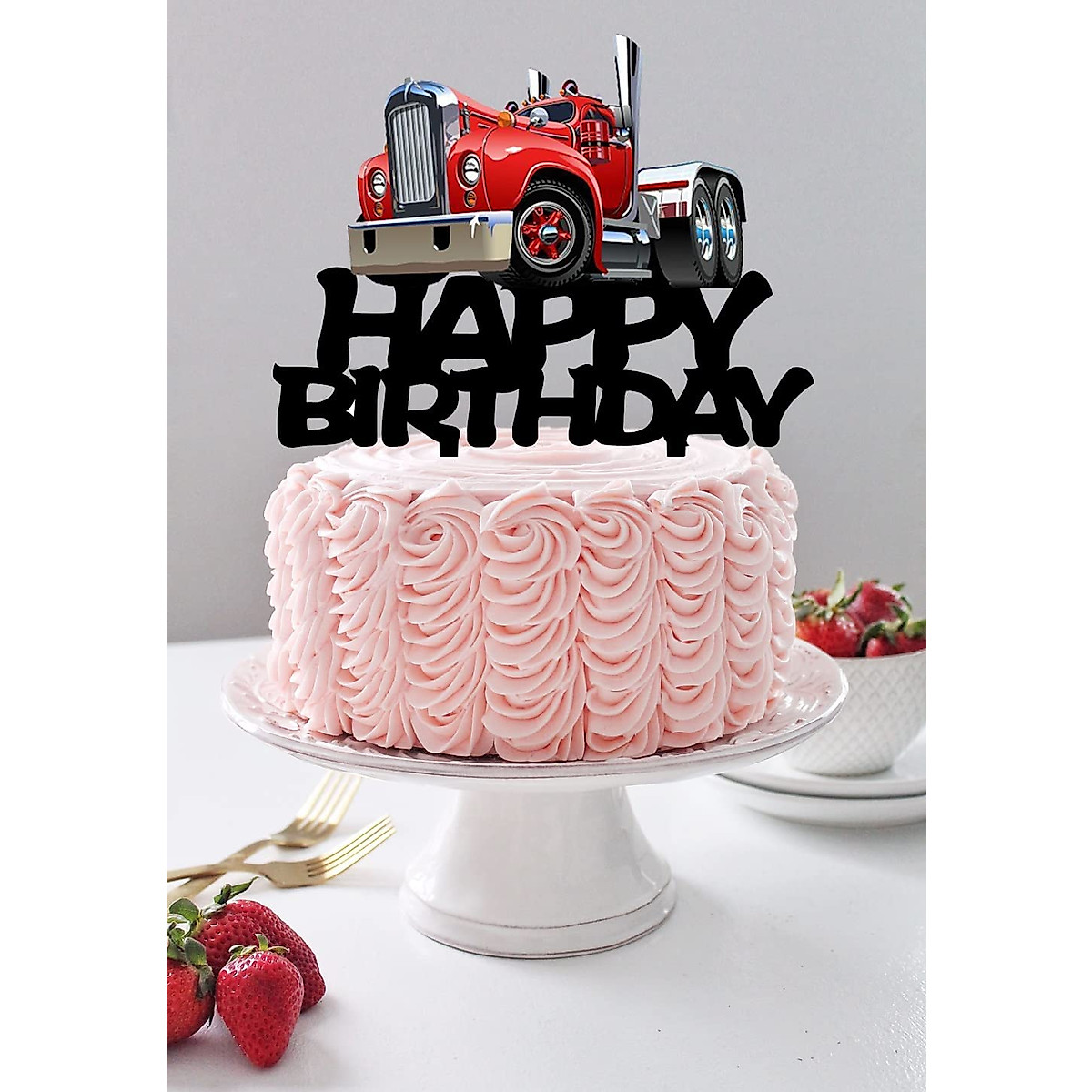 Heavy Truck Cake Topper Black Acrylic Transportation Theme Birthday Supplies, Heavy Truck Happy Birthday Cake Topper for Kid's Boy's Men' Birthday Party Decorations（Red）