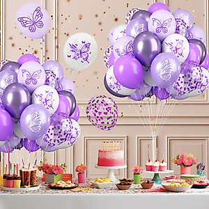 Butterfly Balloons, 12 Inches Butterfly Print Purple and White Latex Balloons Butterfly Patterns for Girls Women Weeding Baby Shower Birthday Party Decorations Activities Graduation