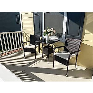 G GVM-US Outdoor Small Patio Table and Chairs Deck Furniture Set for 2, Wicker Glass Cafe & Dining Table Set for Bistro Balcony Lawn
