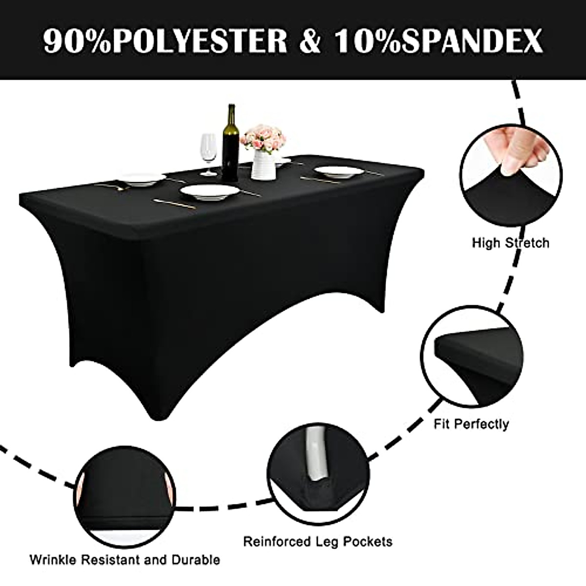 Yastouay 8ft Stretch Table Cloth Spandex Table Cover Tight Fitted for 8ft Rectangular Tables Black Washable Tablecloths for Party, Wedding, Banquet, Outdoor (Black, 8 Ft)