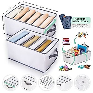 UrbanEco (2pcs  Wardrobe clothes organizers for drawers with 2 Handles - 6 Grids Pants organizer for large Jeans, leggings, tshirts,  Yoga pants, Sweater-White