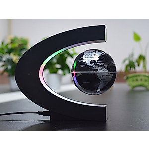 Estefanlo Floating Globe with LED Lights C Shape Magnetic Levitation Floating Globe World Map for Desk Decoration (Black-Silver)
