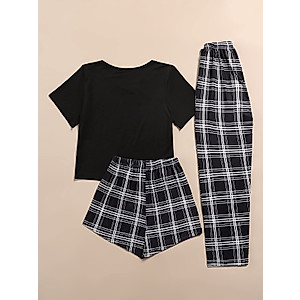 Verdusa Women's 3 Piece Plaid Print Pajama Sets Tee Top and Shorts Pants Pj Set Black S