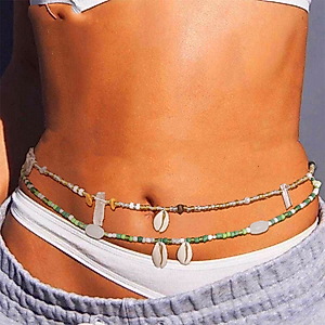 Woeoe African Waist Beads Layered Shell Bead Belly Chain Elastic Plus Size Waist Jewelry Body Accessories for Women