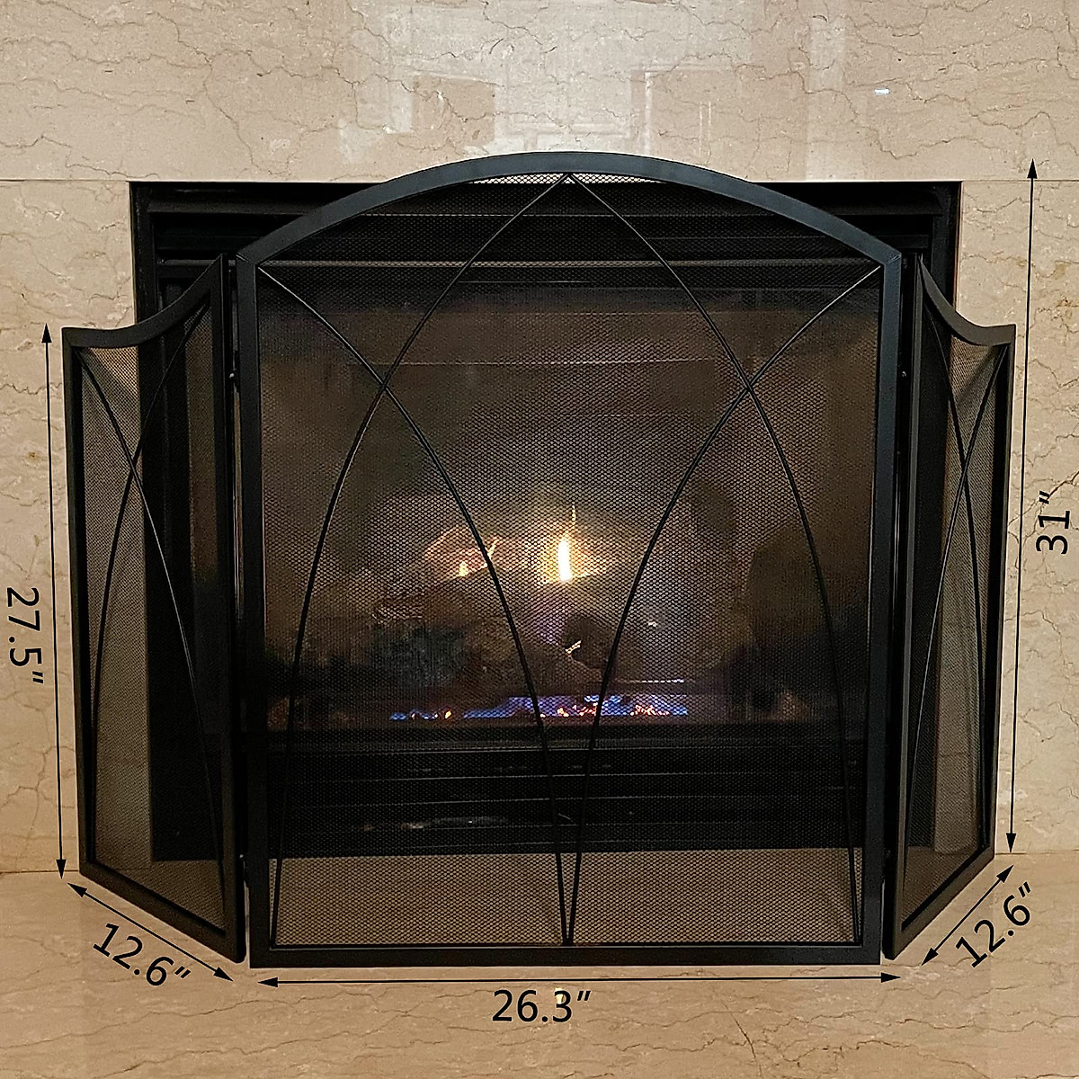 BESHINY Indoor Fireplace Screen 3 Panel Wrought Iron Large Screen Metal Decorative Mesh Cover