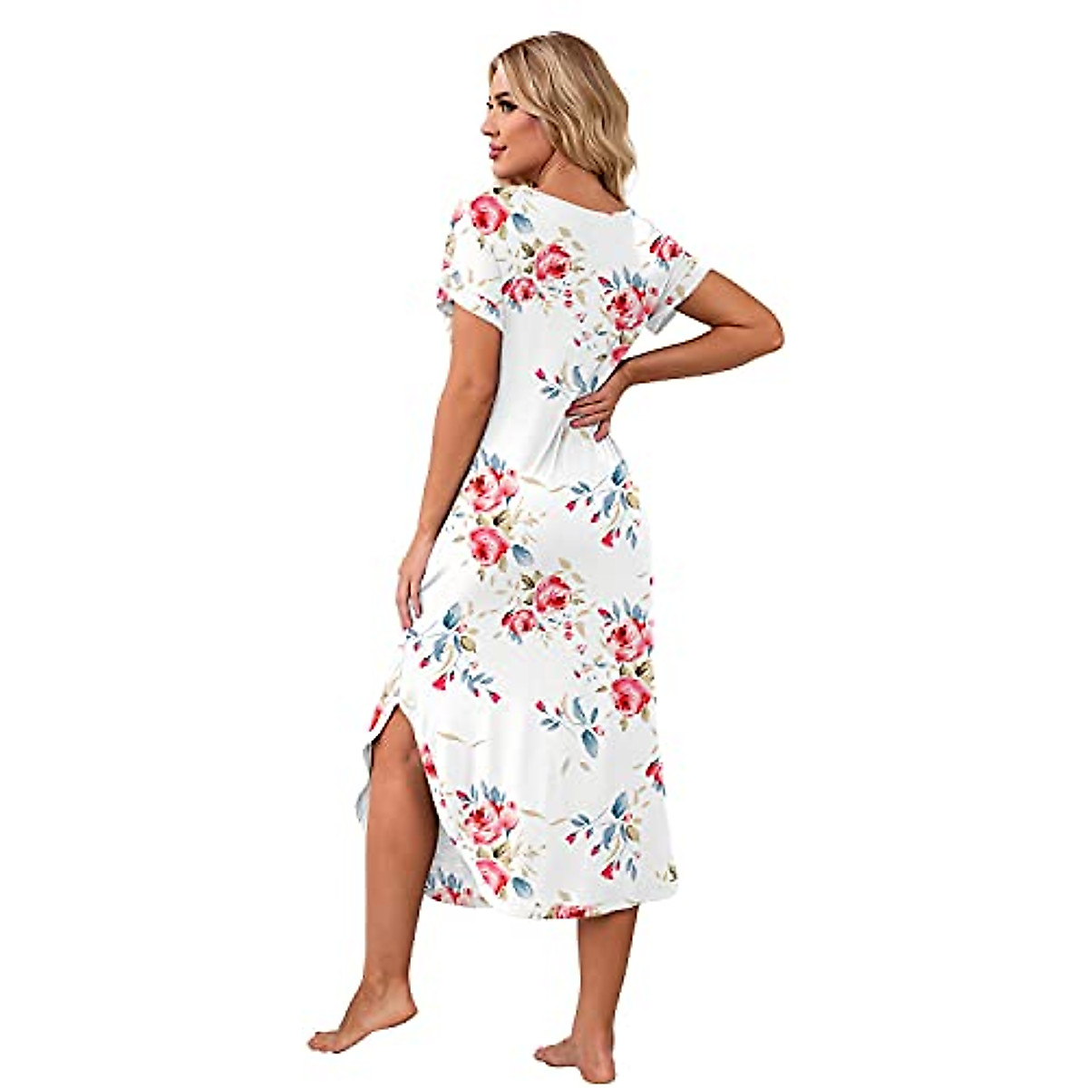 PrinStory Womens Long Nightgowns V Neck Loungewear Short Sleeve Sleepwear Casual Nightdress FP White-X-Large