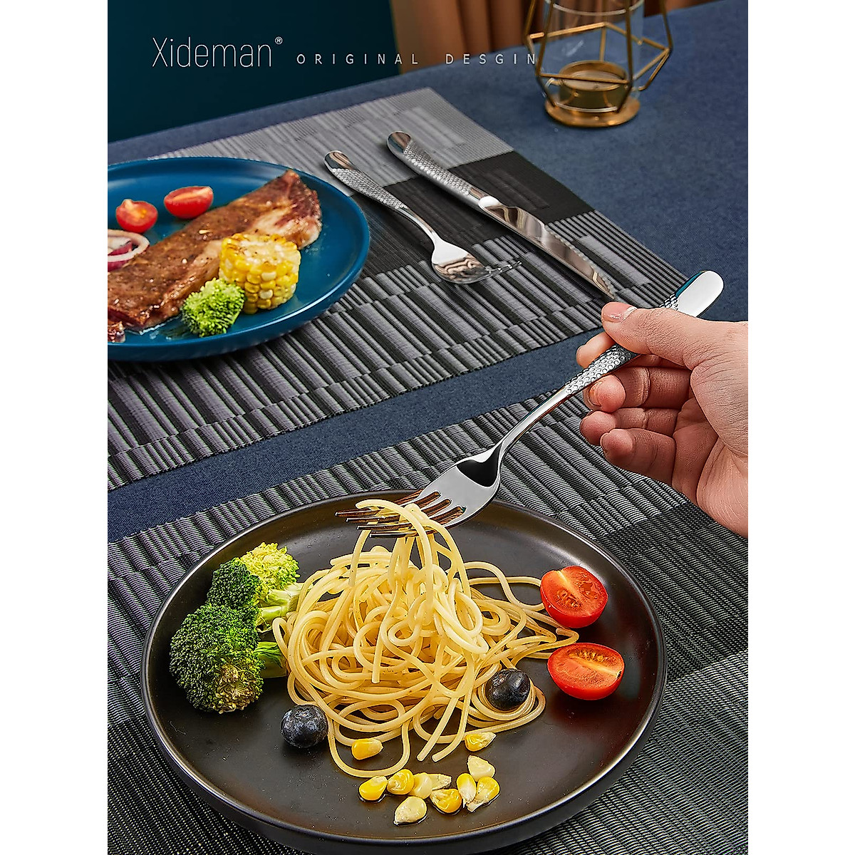 Xideman 16-Piece ​Modern Hammered Cutlery Set with Ultra Sharp 2-in-1 Serrated Knife, 18/10 Stainless Steel Silverware Flatware Set Service for 4, Tableware Utensil, Forks Spoons Knives Set