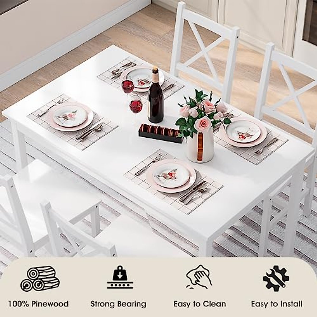 Alohappy Dining Table Set for 4, 5 Piece Kitchen Table Set with 4 Chairs Pine Wood Dining Table Rectangle Breakfast Table and Chairs for Small Space, Space-Saving & Easy Assembly (White)