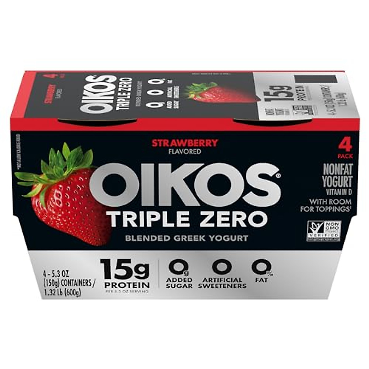 Oikos Triple Zero Strawberry Nonfat Greek Yogurt Pack, 0% Fat, Sugar Free and 0 Artificial Sweeteners, Just Delicious High Protein Yogurt, 4 Ct, 5.3 OZ Cups