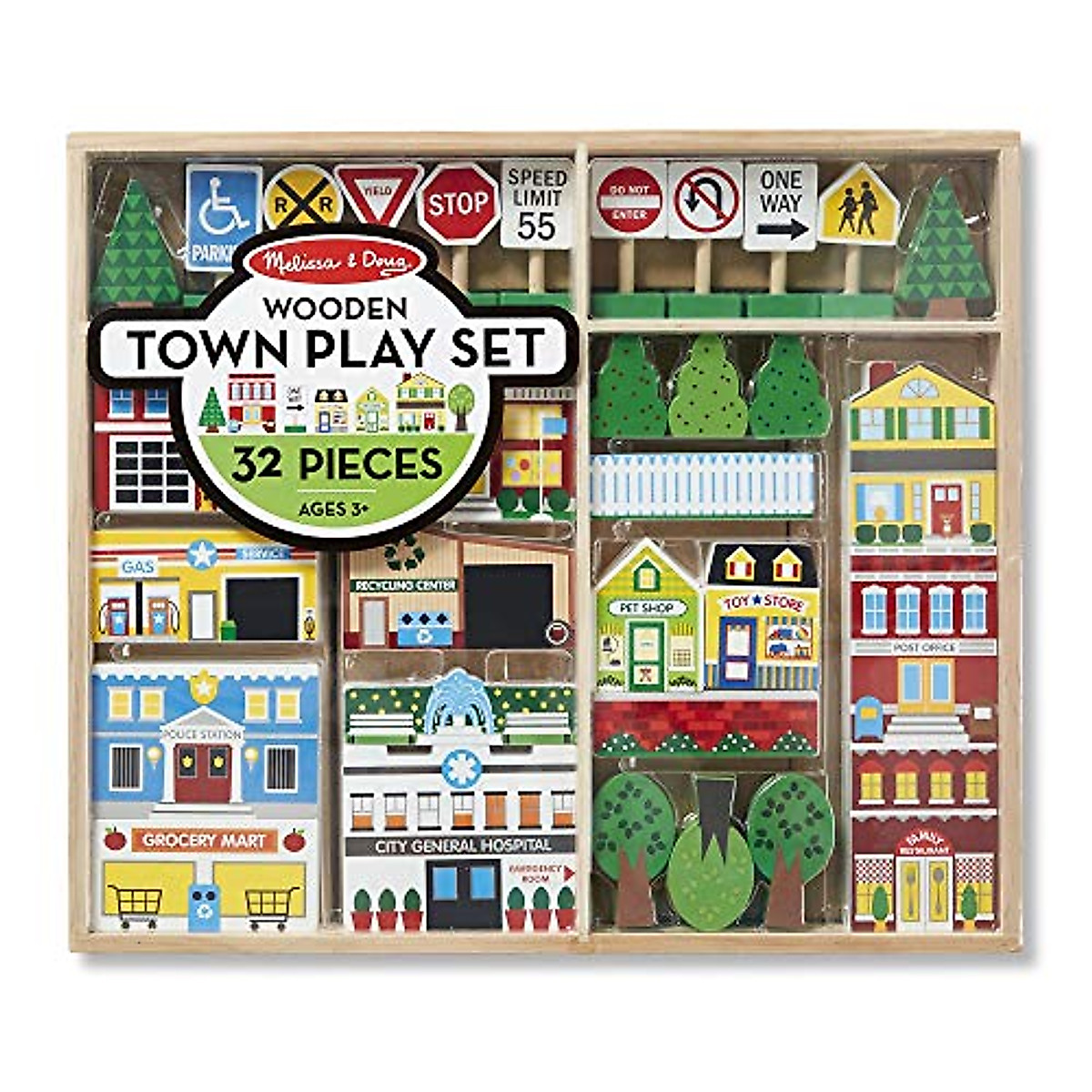 Melissa & Doug Wooden Town Play Set & Wooden Construction Site Vehicles