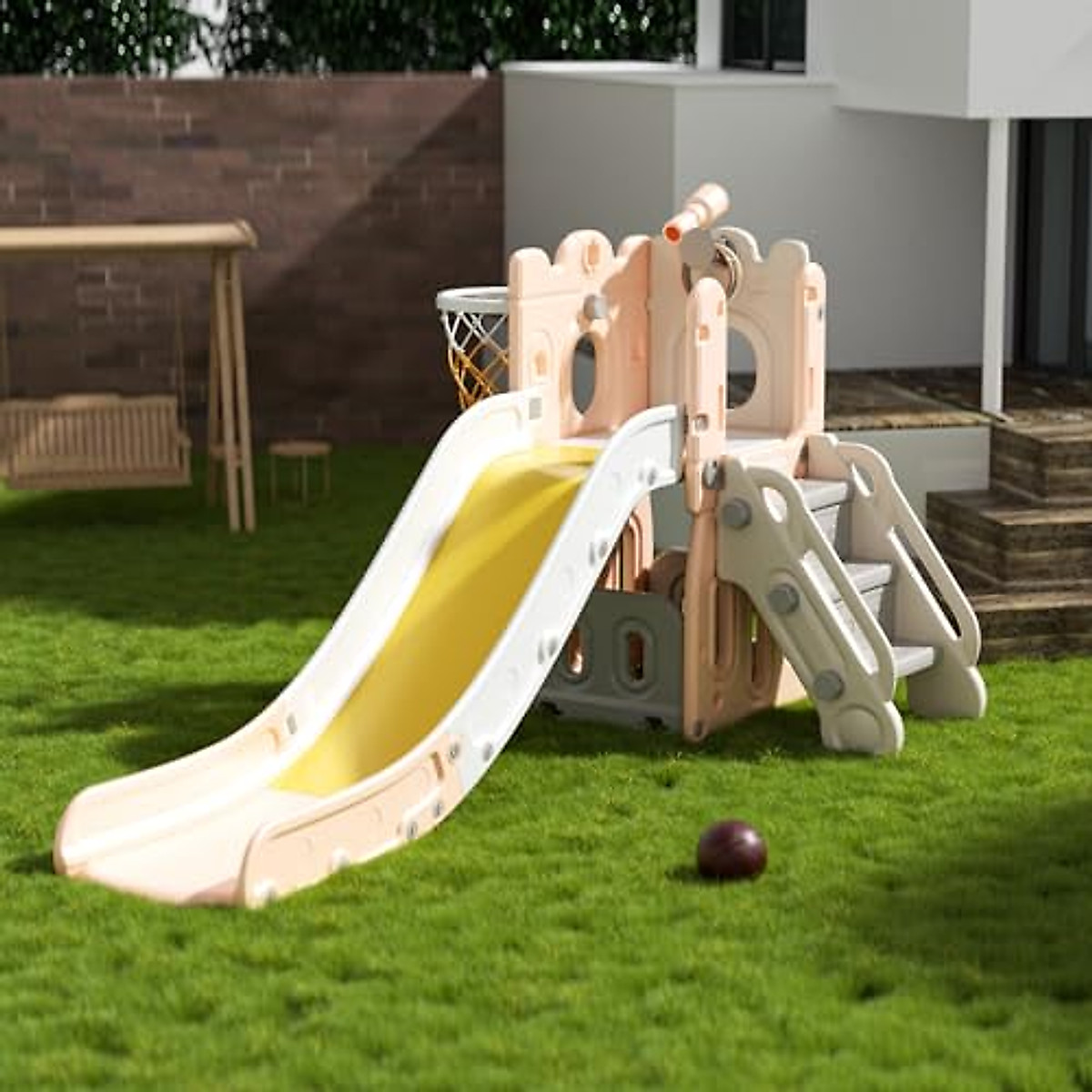 YUYUE 7 in 1 Toddler Slide,Kids Climber Slide with Storage Space and Non-Slip Steps,Indoor Outdoor Playset with Basketball Hoopa and Telescope,Slide for Toddlers Age 1-8,Slip and Slide