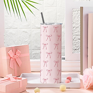Skylety Pink Bow Tumbler with Lid and Straw, 20 oz Coquette Bow Stainless Steel Drinking Cup for Women Friend Birthday Party Gifts