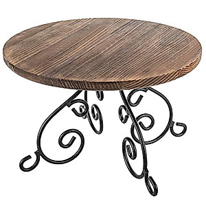 MyGift 12-inch Round Wooden Cake Stand with Rustic Burnt Wood and Black Metal Pedestal Base with Scrollwork Design