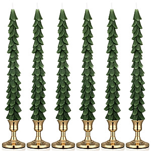 Conelist Christmas Tree Candles with Candle Holder Christmas Tree Shaped Taper Candles Christmas Decorative Candles Holiday Gifts for Women with Brass Candlestick Holder Centerpieces(6 Set,Classic)