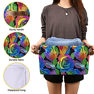 ALAZA Rainbow Rose Flower Leaves Large Storage Basket with Handles Foldable Decorative 1 Pack Storage Bin Box for Organizing Living Room Shelves Office Closet Clothes