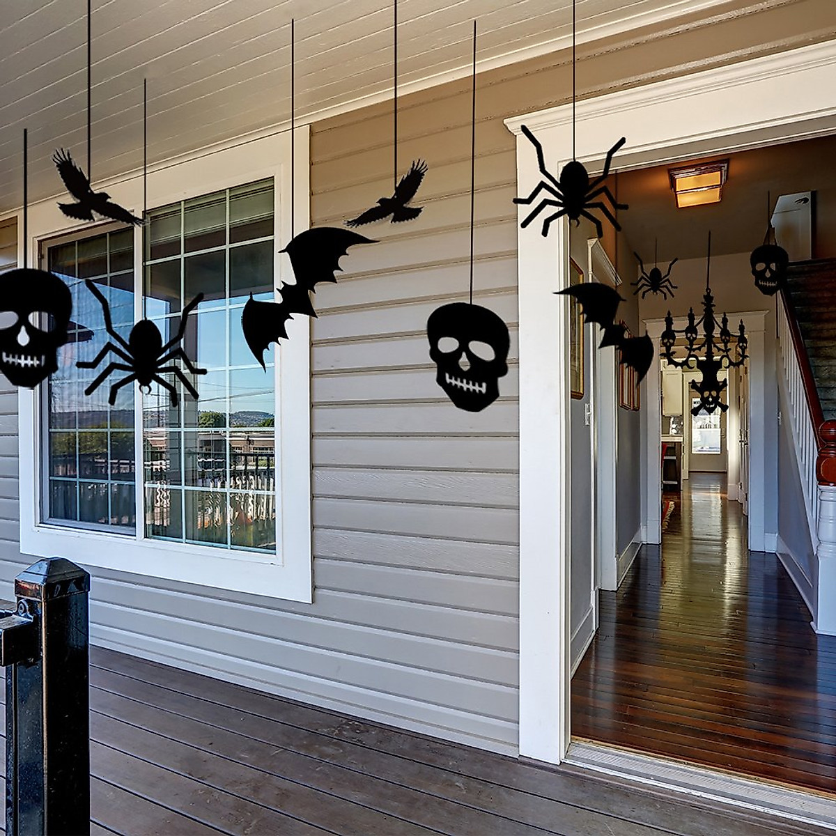 KUUQA Halloween Hanging Decorations Ceiling Decoration of Chandelier Bat Crow Spider Skull for Haunted House Decoration, Set of 20