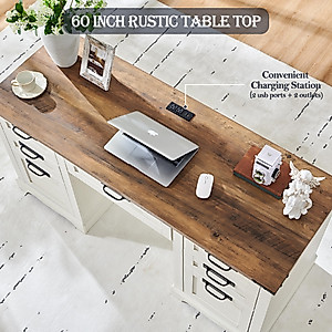 RedLemon 60" Farmhouse Executive Desk with Drawers, Wood Home Office Desk w/Charging Station, Keyboard Tray, File Drawer, Storage Cabinet, Rustic Computer Writing Desk (Antique White)