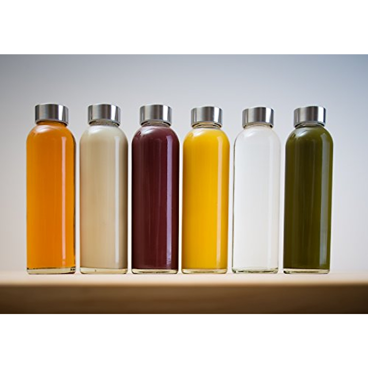 Epica 18 oz Clear Glass Bottles with Lids | Natural BPA Free Eco Friendly , Reusable Refillable Water Bottles for Juicing | Wide Mouth Liquid Storage Containers for Refrigerator | Water Bottle Set of 6