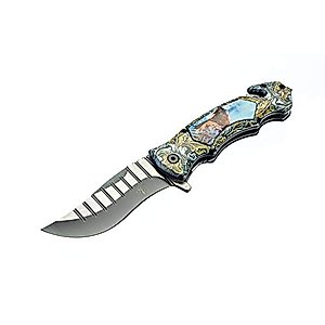 SE Spring Assisted Clip Point Folding Knife with Howling Wolf Design - KFD20024-2