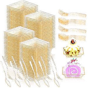 100 Pieces 1oz Mini Dessert Plates with Spoons Forks 2.4 inch Gold Glitter Disposable Square Appetizer Trays Small Clear Gold Tasting Plate for Dessert Salad Sauces Tastings Cake Wedding Party