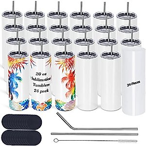Micellwuu 24 Pack Sublimation Tumblers Bulk 20 oz Skinny Straight，Stainless Steel Sublimation Blanks Cups White, Individually Boxed