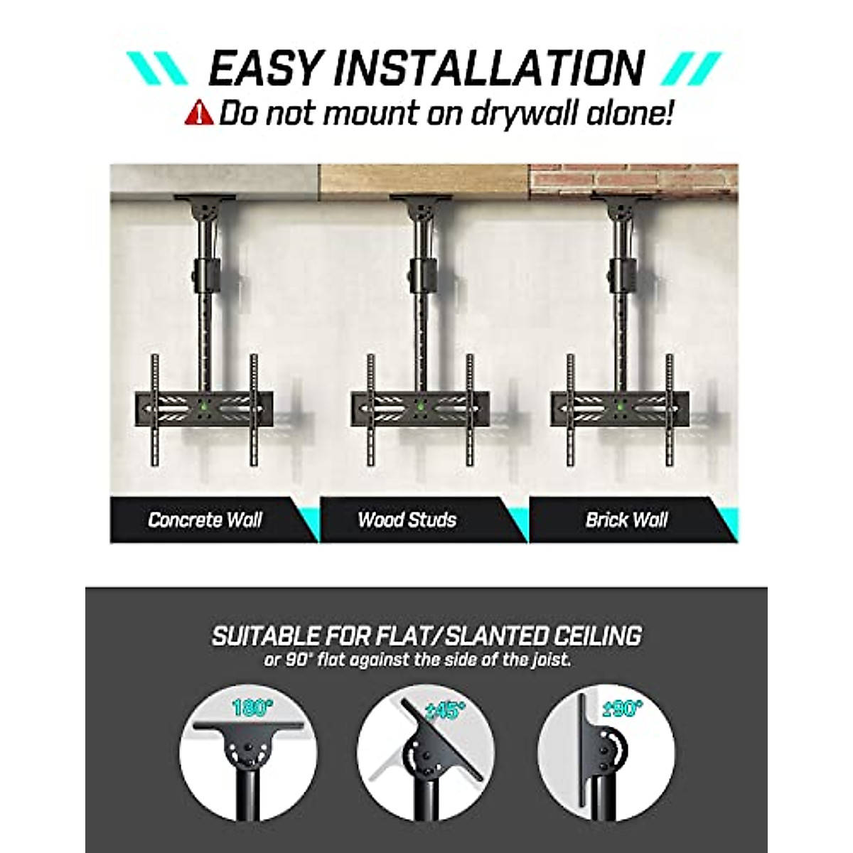 Greenstell Ceiling TV Mount with Power Outlet, TV Mount for 26-65 inch TVs, TV Ceiling Mount with 900J Surge Protection, Swivel, Tilt and 6 Height Adjustable, Max VESA 400x400mm, Holds up to 110Lbs