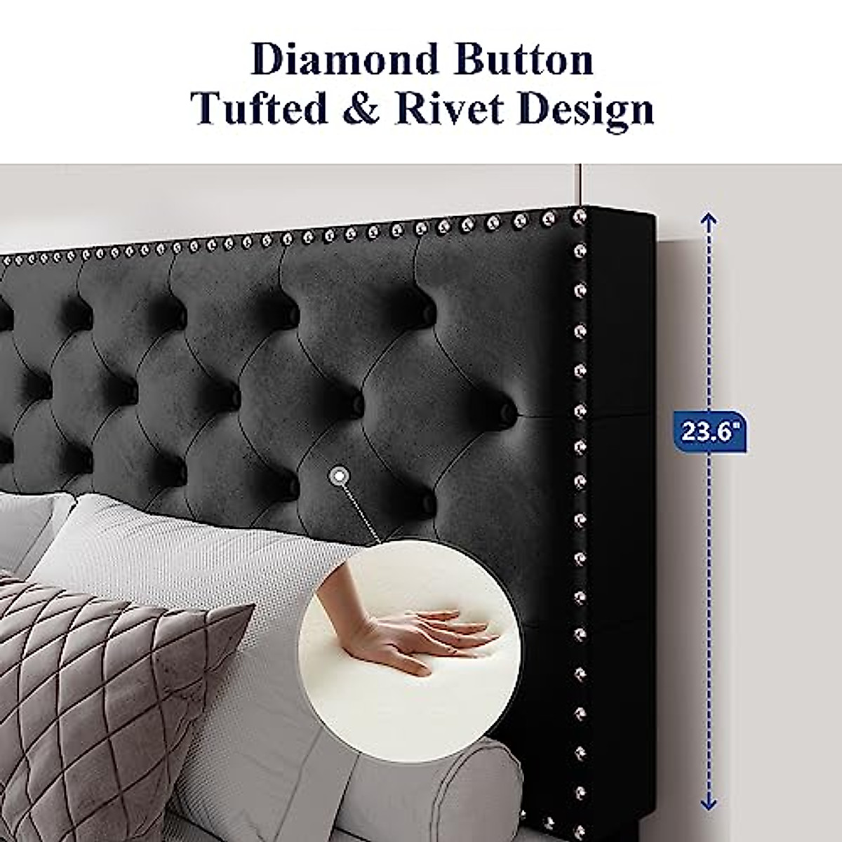 Allewie Queen Size Bed Frame, Velvet Upholstered Platform Bed with Adjustable Diamond Button Tufted & Nailhead Trim Headboard, Wood Slat Support, Easy Assembly, No Box Spring Needed, Black
