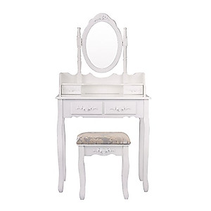 Vanity Table and Chair Set, Makeup Dressing Table with 360-degree-rotating Mirror and 4 Drawers, Thick Padded Stool, Vanity Table and Chair Set with Mirror and 4 Drawers for Girls Women Gift, White