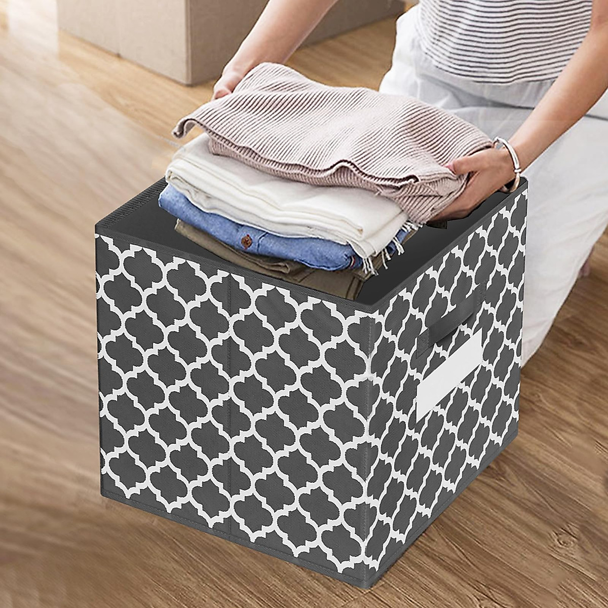 homyfort Cube Storage Organizer Bins 12x12 - Fabric Storage Cubes Bin Foldable Baskets Square Box with Labels and Dual Plastic Handles for Shelf, Nursery, Cabinet, Clothes, Toys, Set of 6 (Grey)
