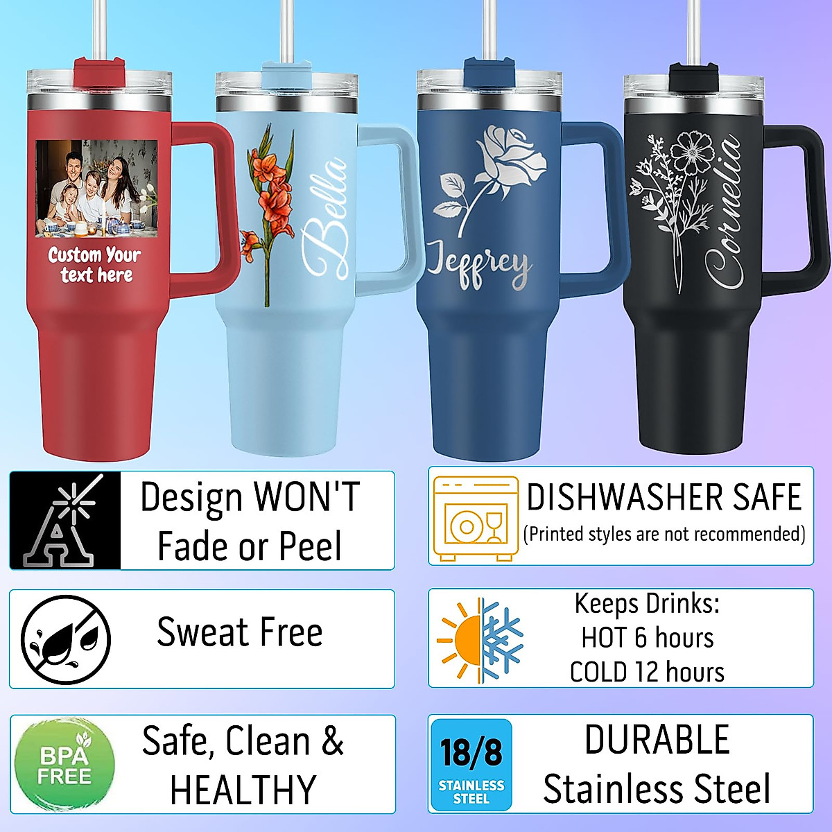 Personalized Tumbler with Handle Straw Custom Insulated Tumblers with Name Birth Flowers Customized 40 oz Stainless Steel Travel Cup Gifts for Women Men Birthdays Christmas Anniversary