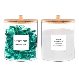Glass Jars for Laundry Room Organization, Laundry Pods Container with 27 Labels, Detergent Holder with Bamboo Lid, Cute Storage Jars (Set of 2)