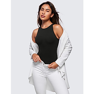 CRZ YOGA Butterluxe Sleeveless Bodysuit for Women High Neck Double Lined Sexy Tank Tops Racerback Thong Jumpsuits Black Medium