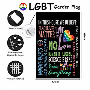 BUYITO In This House, We Believe Human-Kind Be Both Equality Garden Flag Love Is Love Black Lives Matter Garden Banner Vertical Double Sided Rustic Farmland Burlap Yard Lawn Outdoor Decor 12x18"