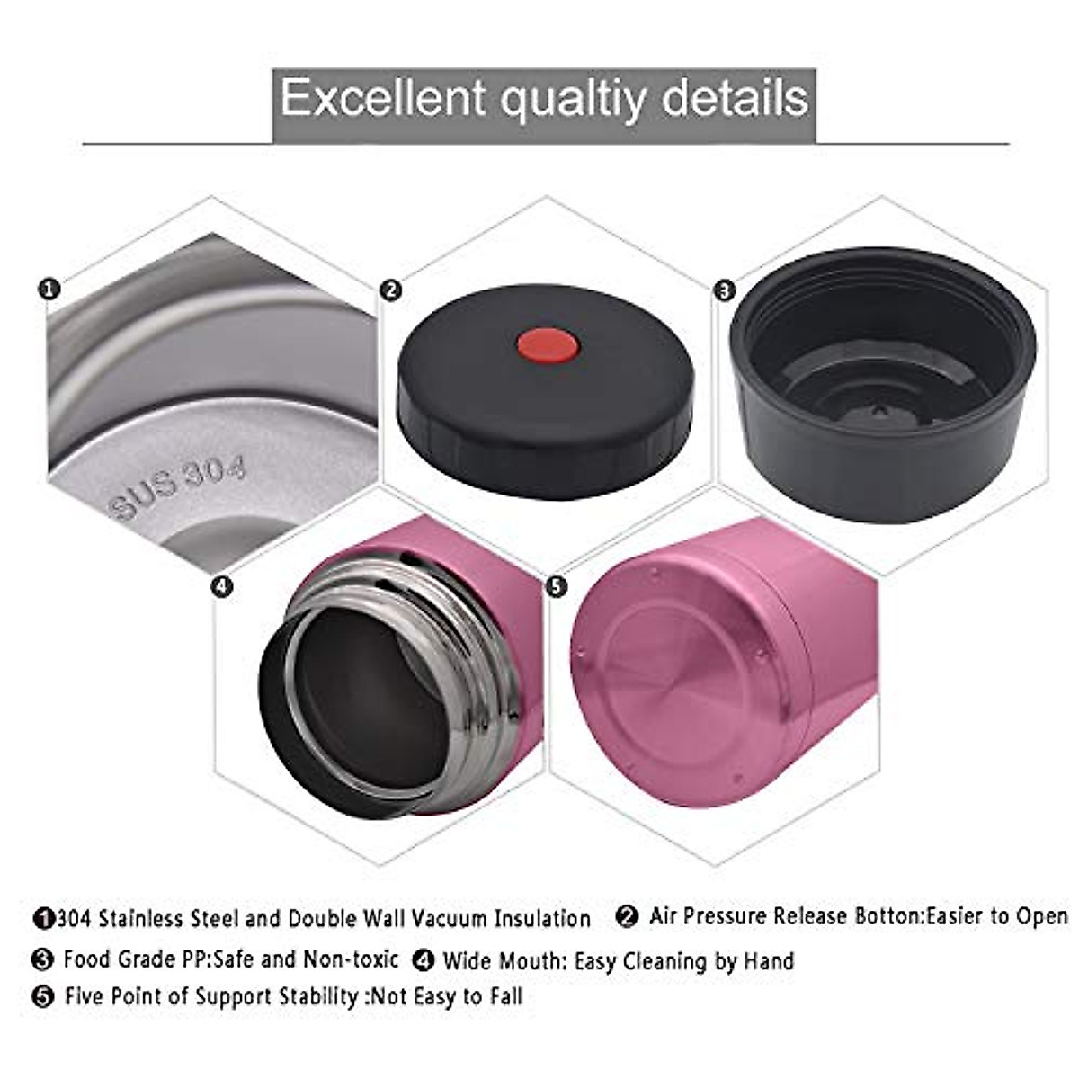 Food Jar Wide Mouth for Hot Food,304 Stainless Steel Leak Proof Double Wall Vacuum Insulated Soup Container with Handle Lid,27 oz BPA Free Thermos Lunch Box for Kids Adults (Pink)