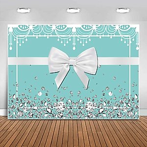 Sensfun Breakfast Blue Sweet 16 Birthday Backdrop Diamonds Bowknot Bridal Breakfast Party Photography Background for Women Girl Teal Turquoise Birthday Baby Shower Decorations Photo Booth Banner 7x5ft