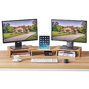Dual Monitor Stand Riser,3 Shelf Screen Stand with Adjustable Length and Angle,Desktop Stand Storage Organizer for Laptop Computer, TV, PC, Printer, Multi Media Speaker-Bamboo Burlywood by HUVIBE