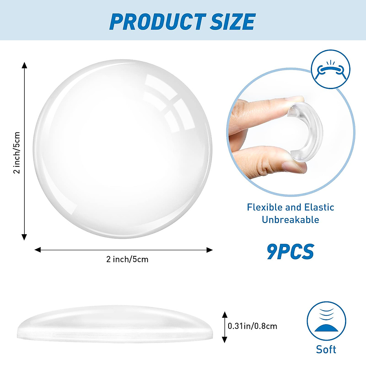 9PCS Door Stoppers Wall Protector, 2 Inch Round Clear Door Stops, Strong Self Adhesive Door Bumper Wall Guard, Washable and Reusable Stick on Door Stopper Silicone Wall Door Protector from Door Knob