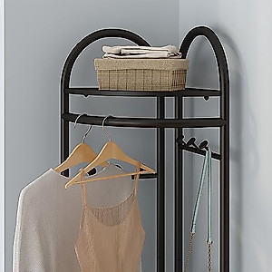 FLRH Black Corner Hall Tree, Freestanding Garment Rack with 6 Hooks and Storage Shelf, Metal Clothing Racks Coat Racks for Hallway, Entryway, Bedroom, Living Room, Office(Black)