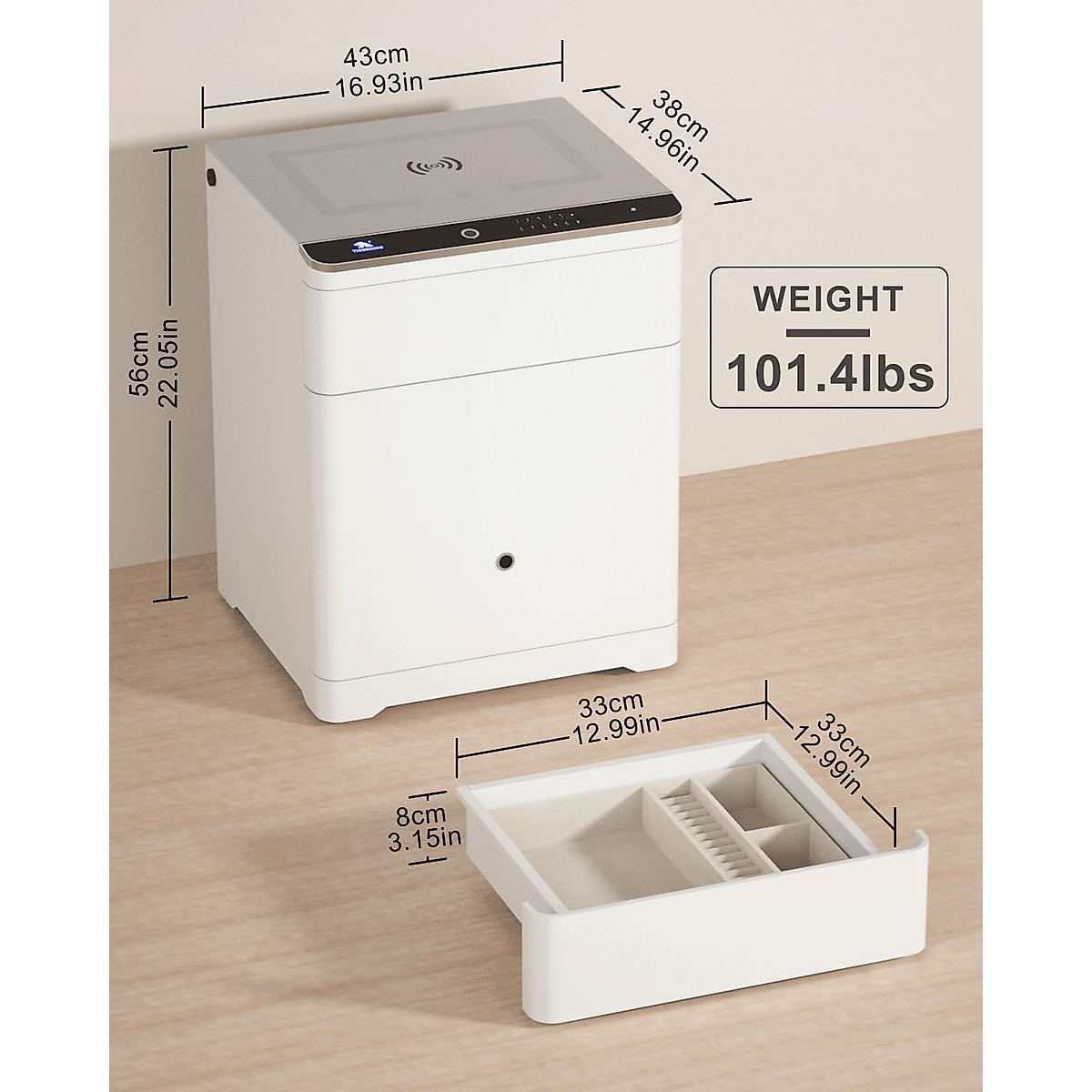 TIGERKING 3-in-1 Biometric Heavy Nightstand Safe, Lockable Drawer Gun Safes with Wireless Charging Station, Home Safe Adjustable Lighting with USB & Type-C Port for Bedroom Office, White