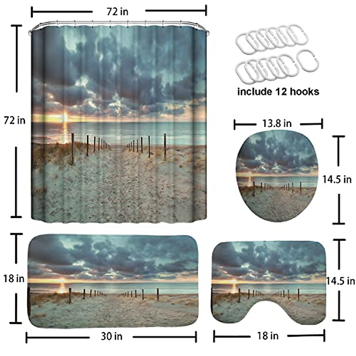 Tropical Ocean Summer Coastal Nautical Beach Theme bathroom Decor 4 Pcs Blue Shower Curtain Sea Sets, Sharks and Dolphins Durable Shower Curtain Toilet Lid Cover and Bath Mat with 12 Hooks, 72" x 72"