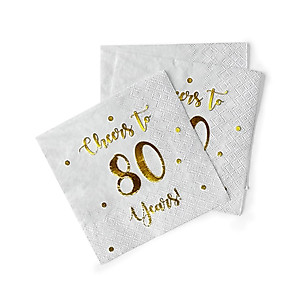 Cheers to 80 Years Cocktail Napkins | Happy 80th Birthday Decorations for Men and Women and Wedding Anniversary Party Decorations | 50-Pack 3-Ply Napkins | 5 x 5 inch folded (White)