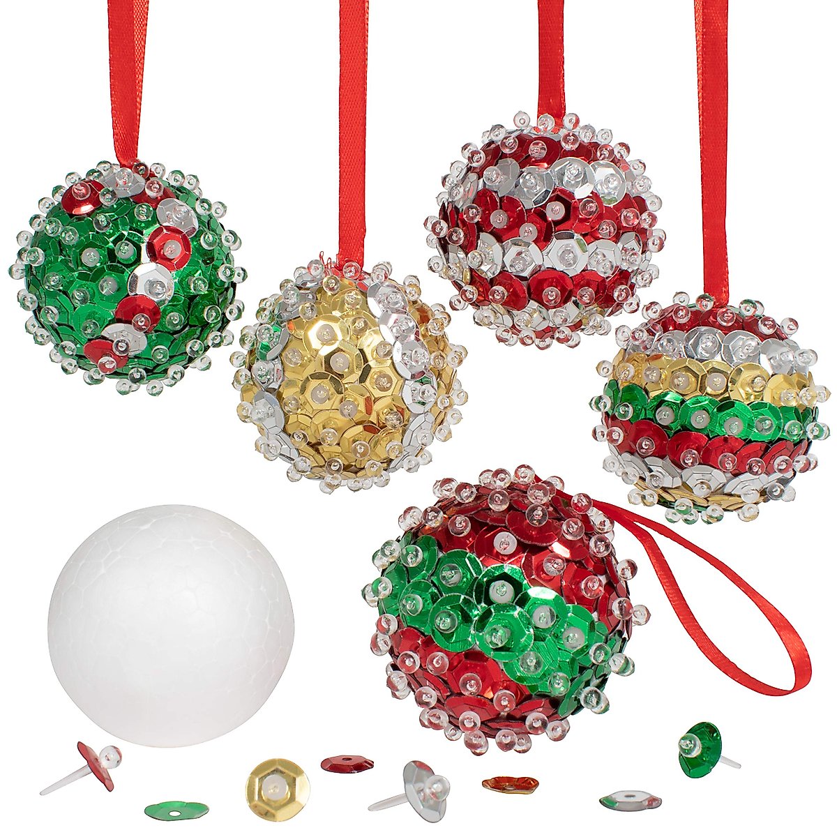 READY 2 LEARN- Create Your Own Sequin Ornaments - Set of 6 - Christmas Crafts for Kids - Christmas Tree Decorations - All Materials Included, Green,Red,Silver