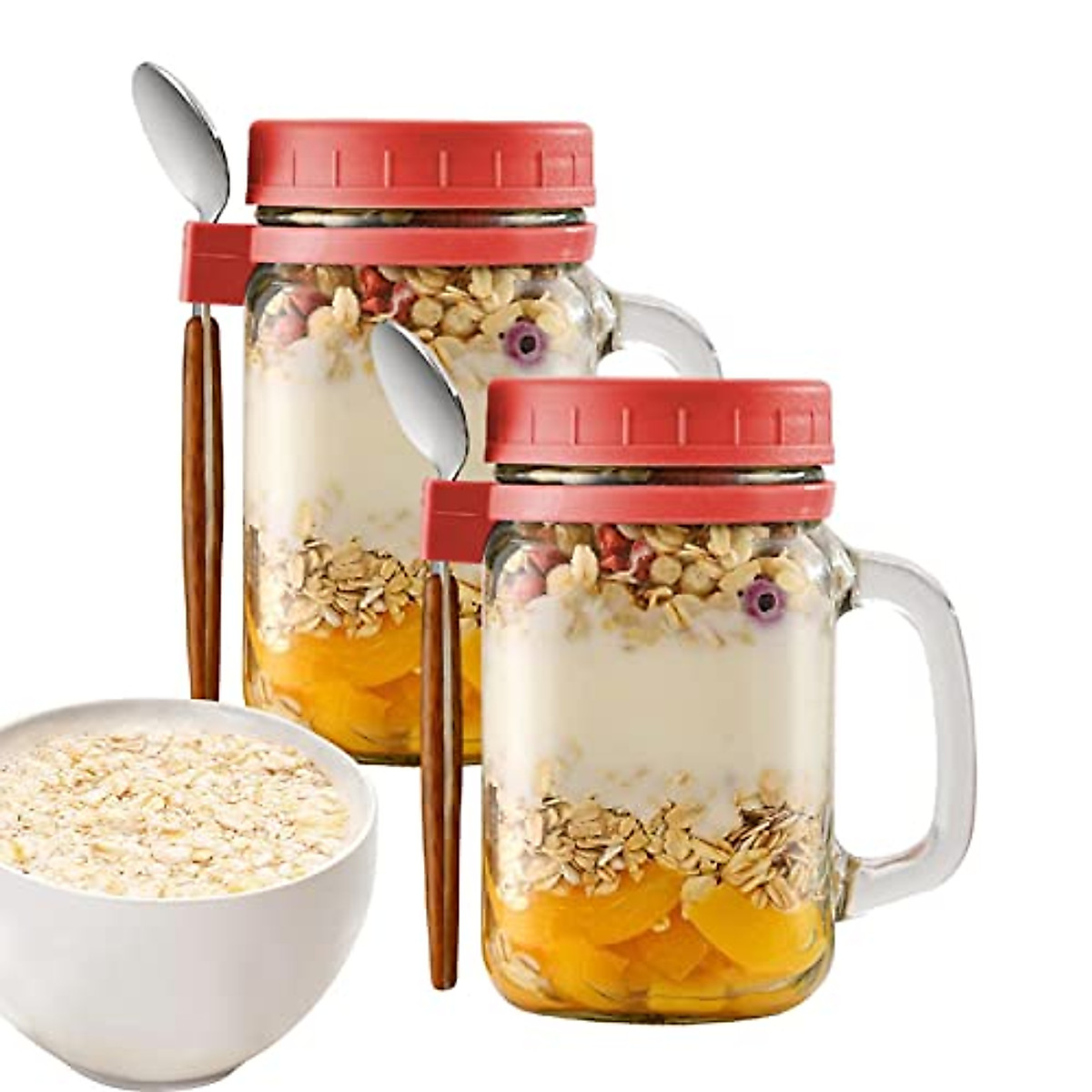 Yogurt Containers, 2 Pieces Oats Jars,480ml Glass Oatmeal Jars, Long Lasting Overnight Oats Jars, Anti Scald Design Yougurt Cups with Lids and Spoons, Breakfast Cups for Smoothies Drinks Juices