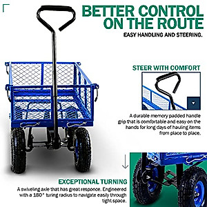 Landworks Lawn & Garden Utility Cart / Beach Wagon, All Terrain, w/ Heavy Duty Removable Side Meshes, 400 lbs Cap, Blue