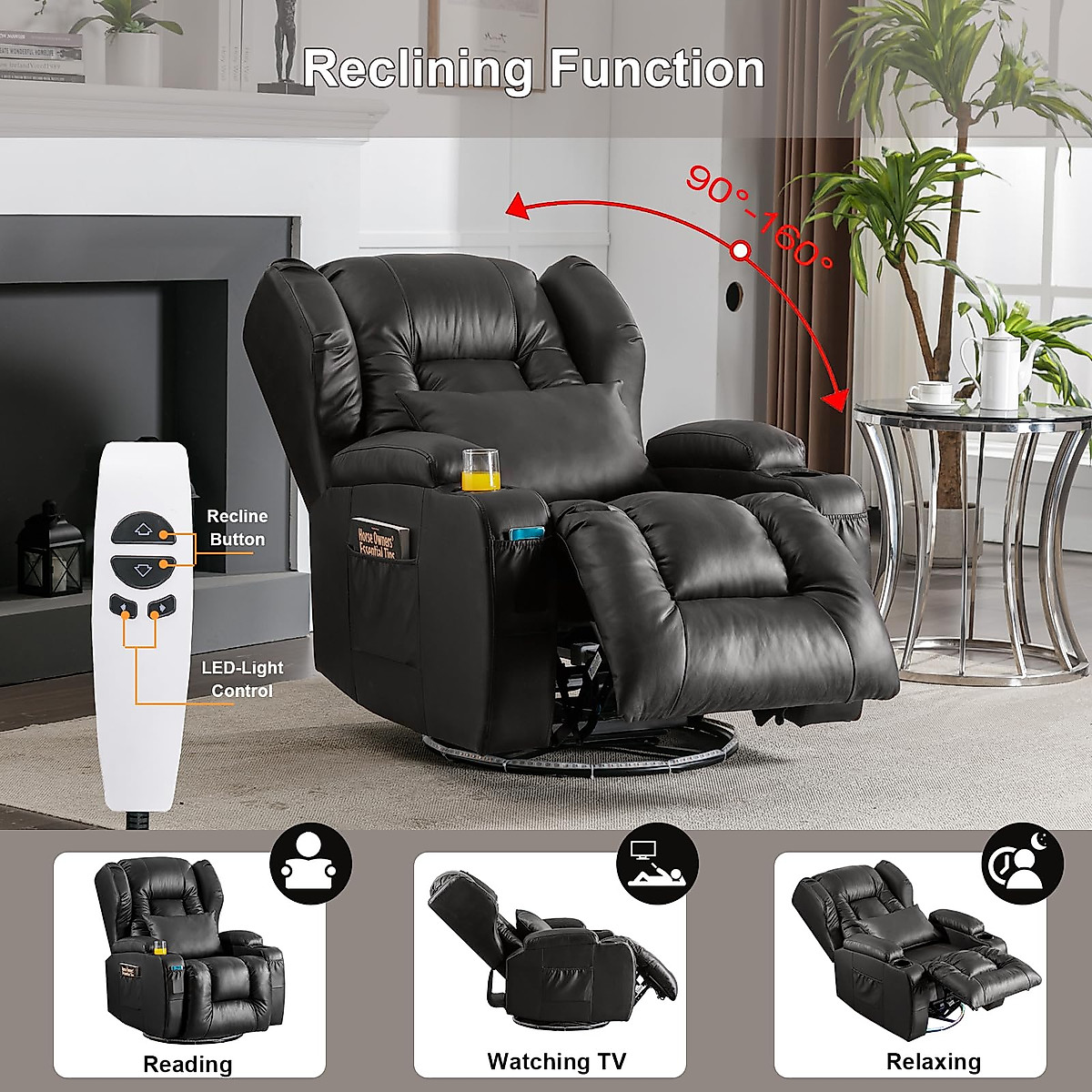ETAGERIA Power Swivel Rocker Recliner Chair with Massage and Heat 360 Degree Glider Rocking Chairs Ergonomic Lounge Rocker w/Cup Holder/Remote/LED Light for Nursery,Living Room,Home Theater (Black)
