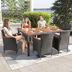 Flamaker 7 Piece Patio Dining Set Outdoor Acacia Wood Table and Chairs with Soft Cushions Wicker Patio Furniture for Deck, Backyard, Garden