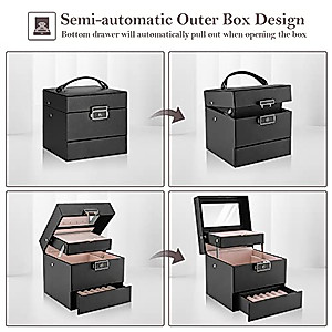 ProCase Jewelry Box for Girl Women Traveling, Ideal Gift Small 3 Layers Jewelry Organizer Display Storage Holder Case with Mirror Lock for Earrings Rings Necklaces Bracelets -Black