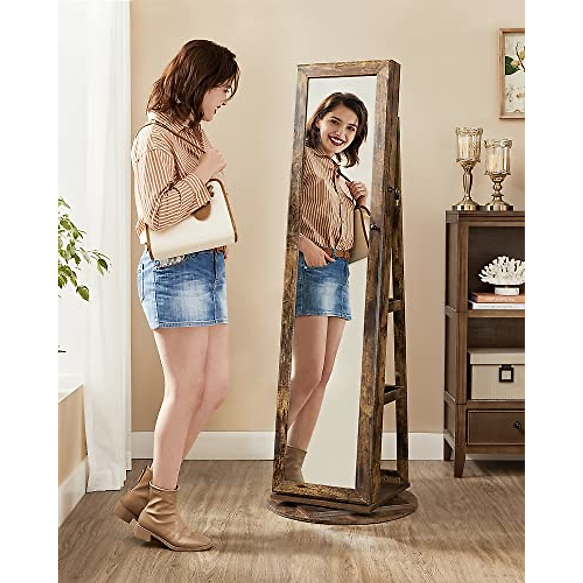 SONGMICS 360° Swivel Jewelry Cabinet, Lockable Jewelry Organizer with Full-Length Mirror, Rear Storage Shelves, Built-in Small Mirror, Jewelry Armoire, for Women, Rustic Brown UJJC006X01